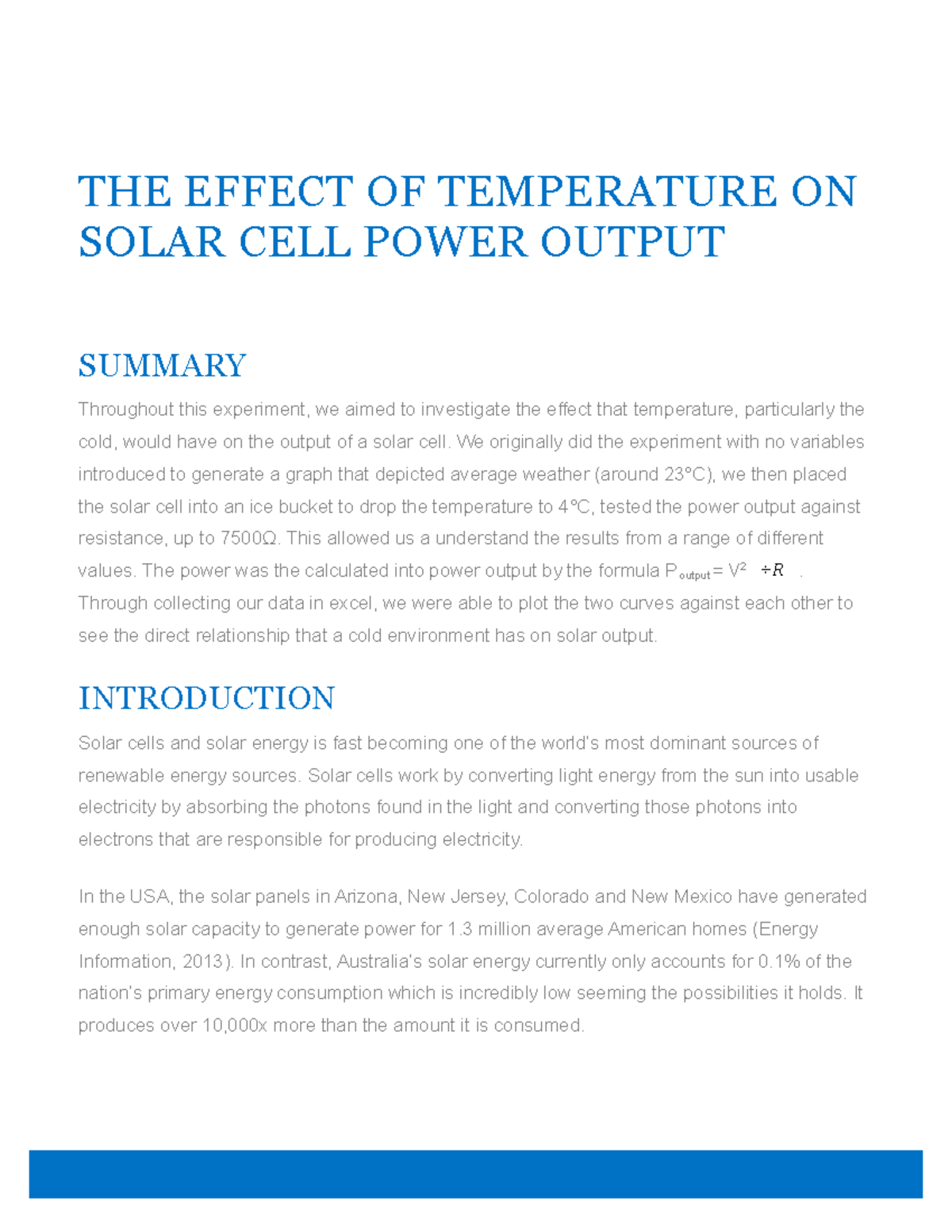 Physics prac report - THE EFFECT OF TEMPERATURE ON SOLAR CELL POWER ...