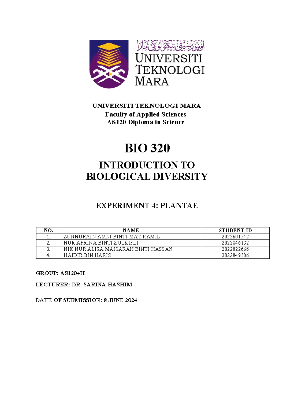 Lab Report Bio320 Practical 4 Exp 1 Plantae Universiti Teknologi Mara Faculty Of Applied 