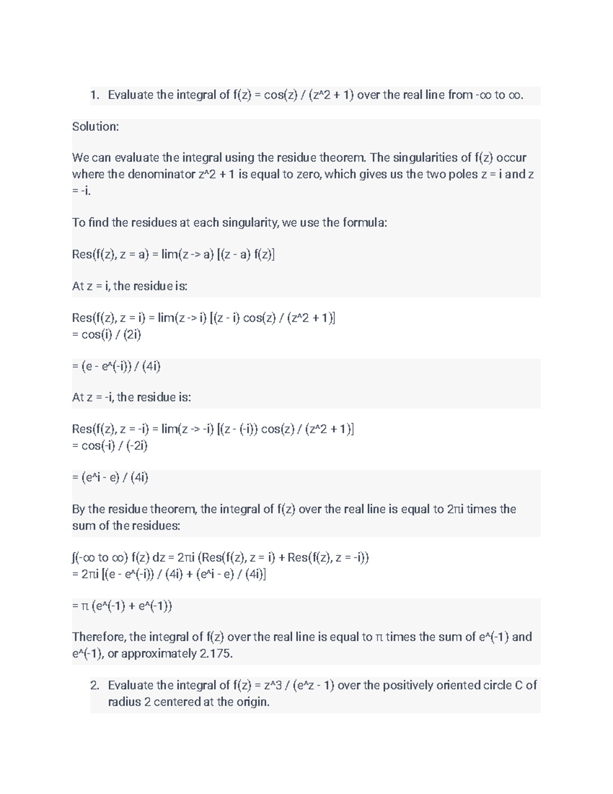 Complex Analysis Special Function Problems - Evaluate the integral of f(z) = cos(z) / (z^2 + 1 ...