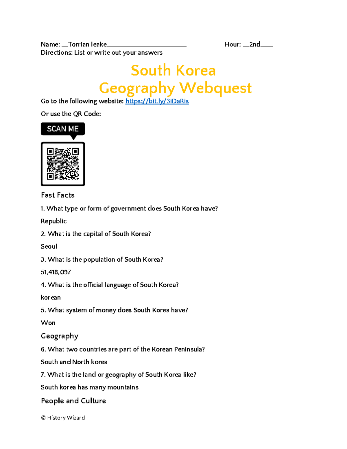 Copy of South Korea Geography Webquest - Name: Torrian leake ...