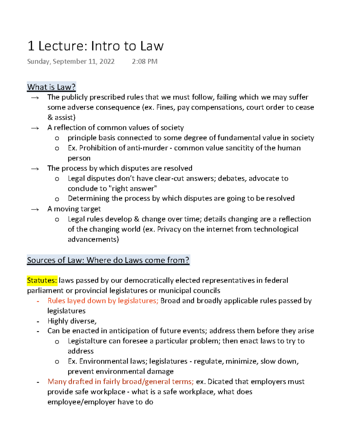 1 Lecture Intro to Law - What is Law? Sources of Law: Where do Laws ...