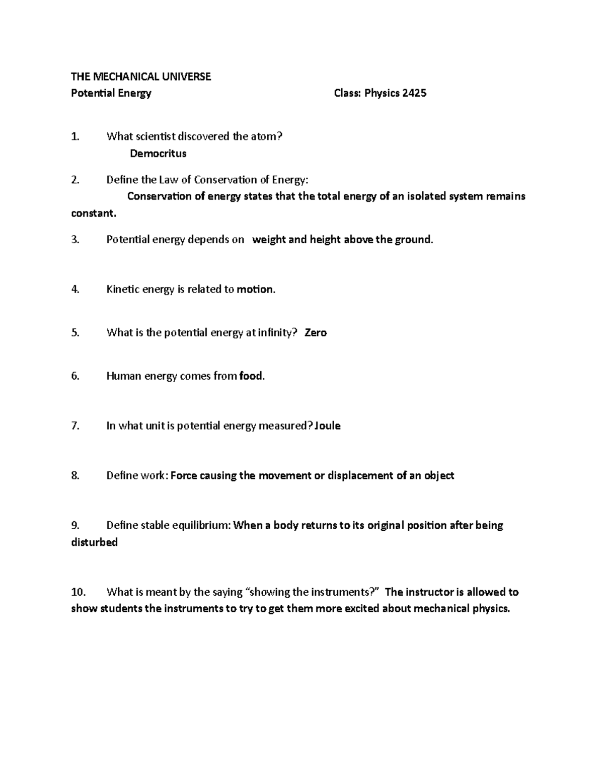 Phys 2425 Potential Energy - THE MECHANICAL UNIVERSE Potenal Energy ...