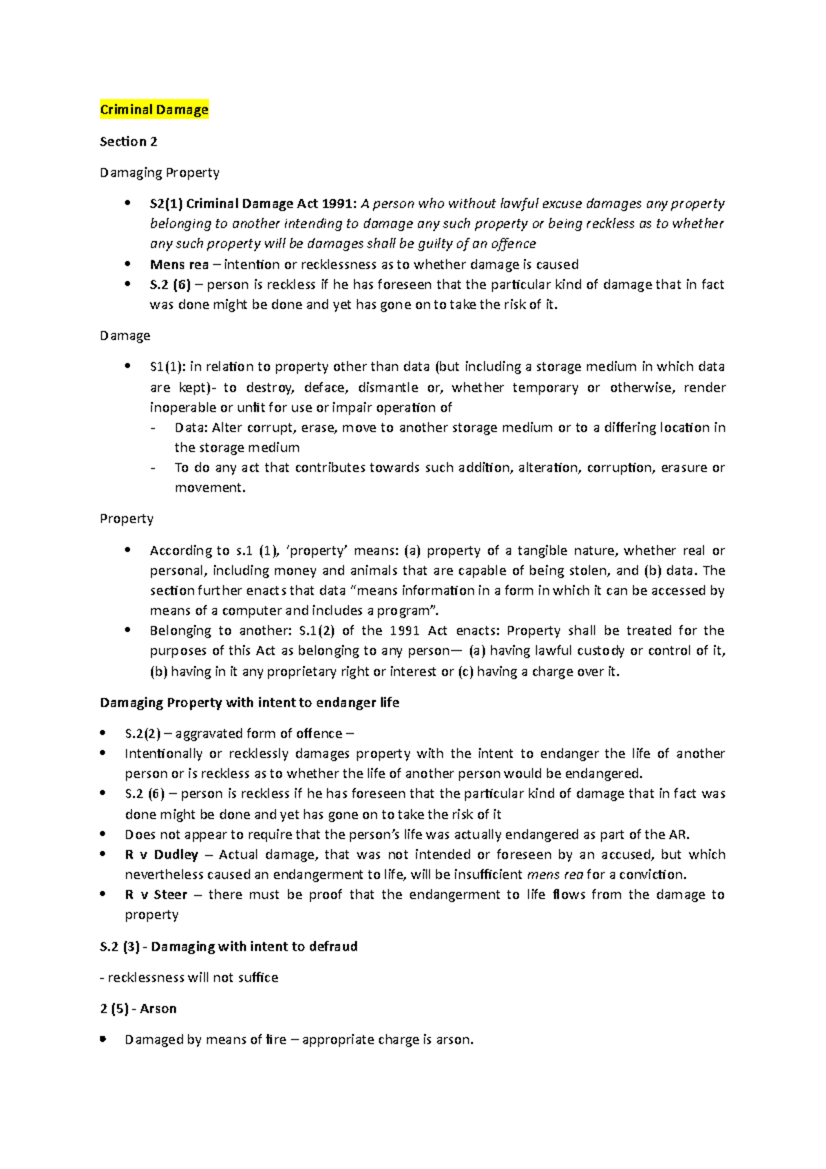 Criminal Damage - Criminal Law Fe1 notes - arrest and detention ...