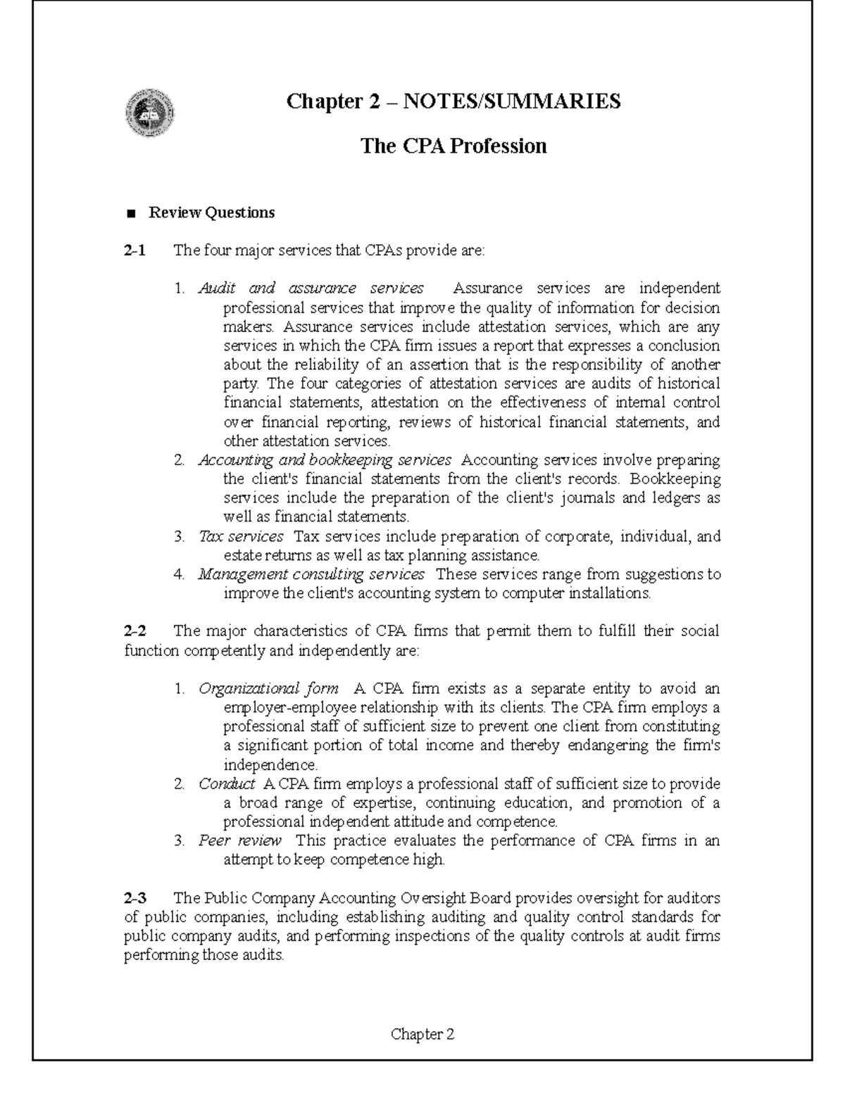 The CPA Profession - Auditing Review Questions - Chapter 2 – NOTES ...