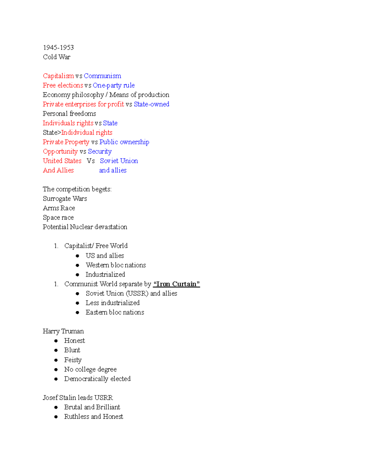Chapter 27 - 1945- Cold War Capitalism vs Communism Free elections vs ...