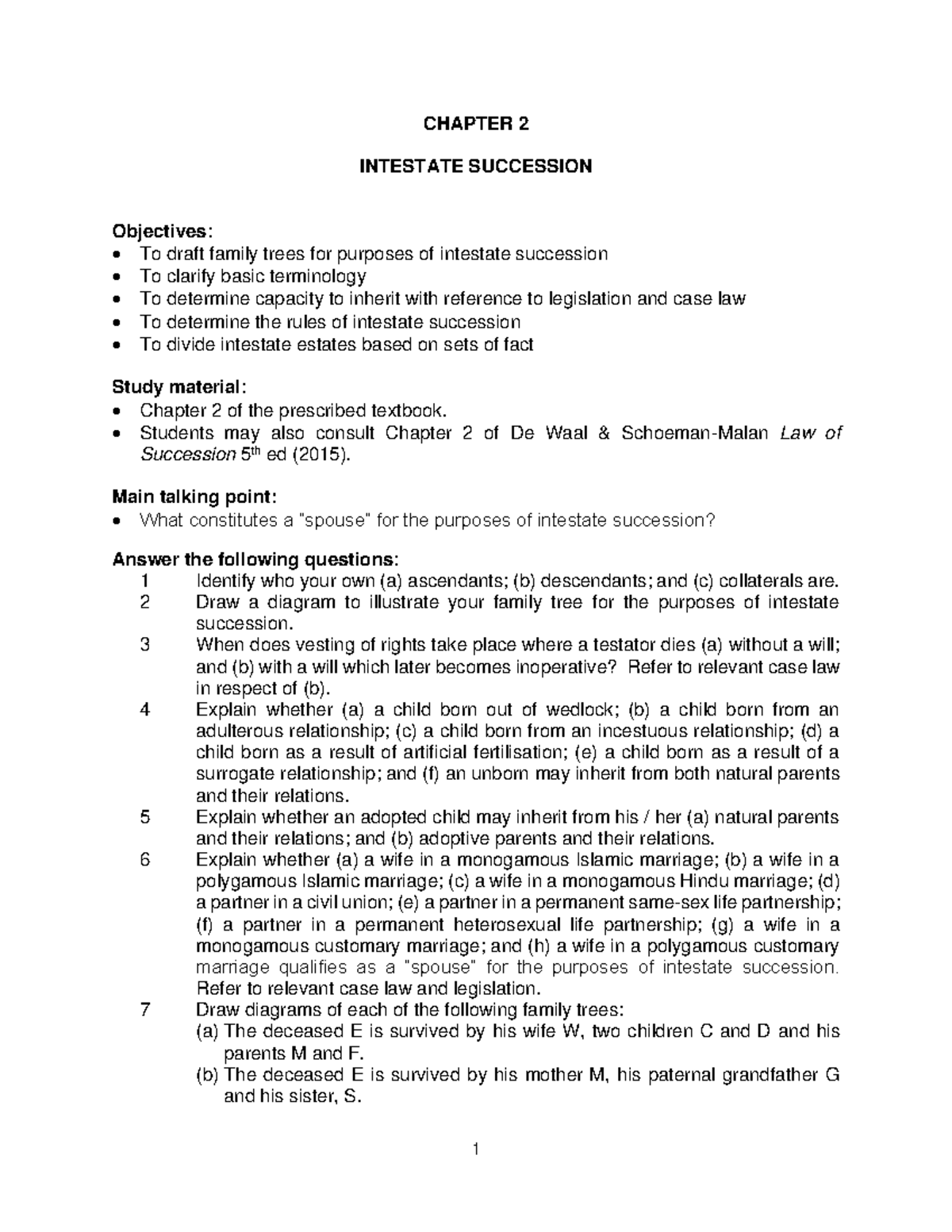 Succession worksheet - practice material - 1 CHAPTER 2 INTESTATE ...
