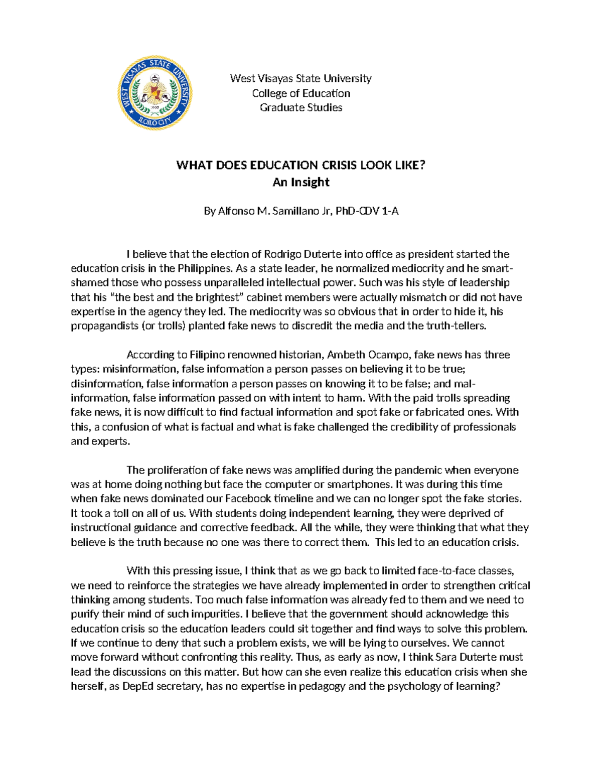 What Does Education Crisis Look Like? - West Visayas State University ...