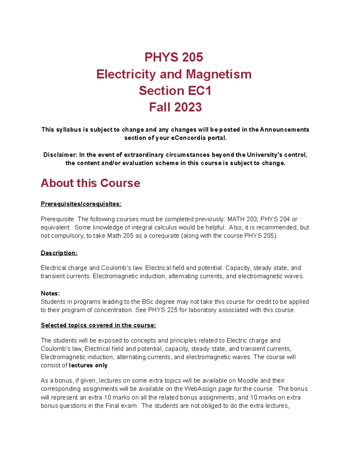 2 - PHYS 205 Fall2023 Course Outlineand Agenda v2 - August 30 - 2023 ...