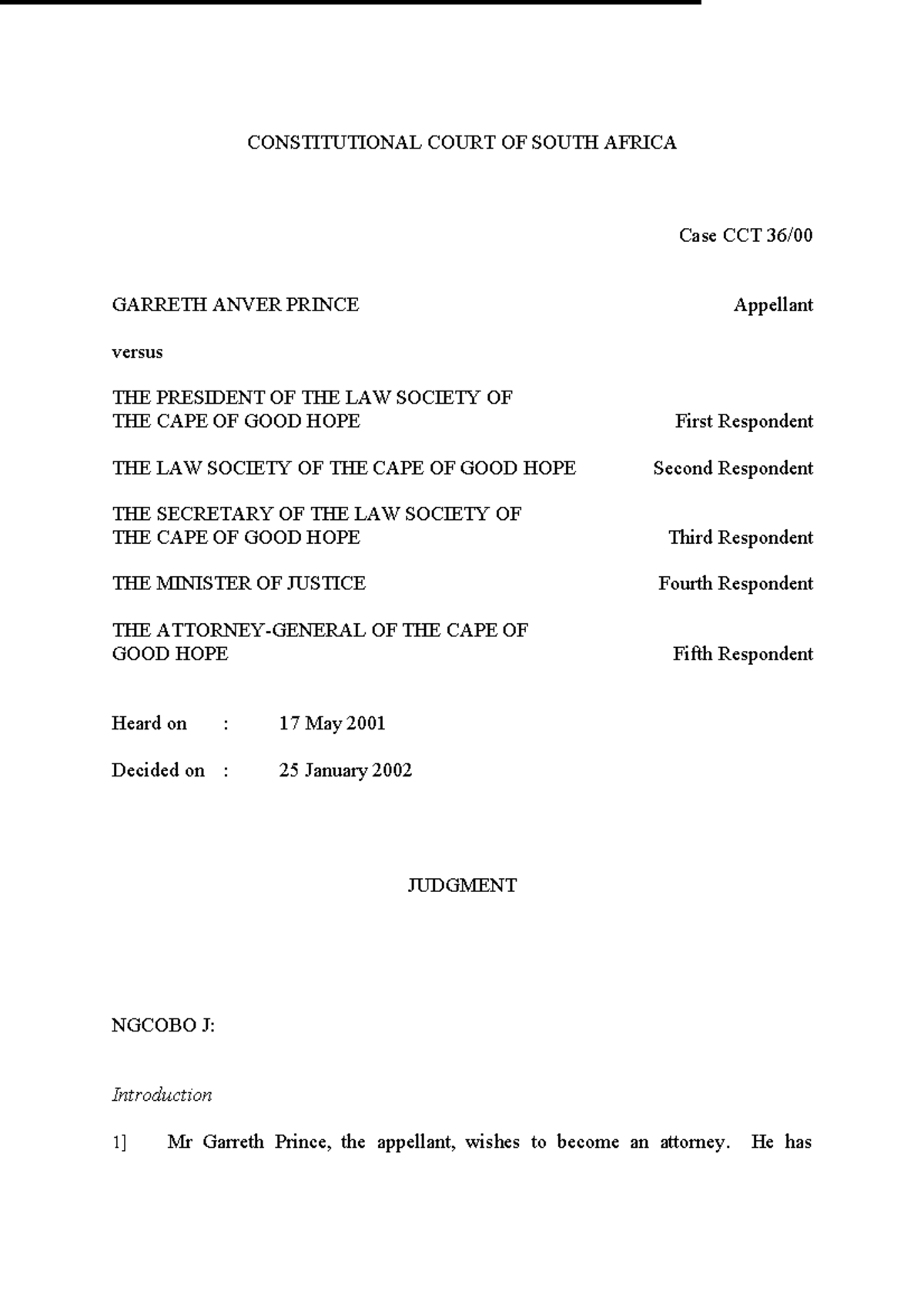 Prince case - case - CONSTITUTIONAL COURT OF SOUTH AFRICA Case CCT 36 ...
