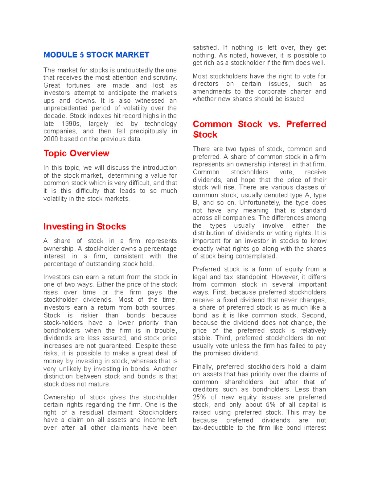 Markfin Notes - Stocks and Bonds - MODULE 5 STOCK MARKET The market for ...
