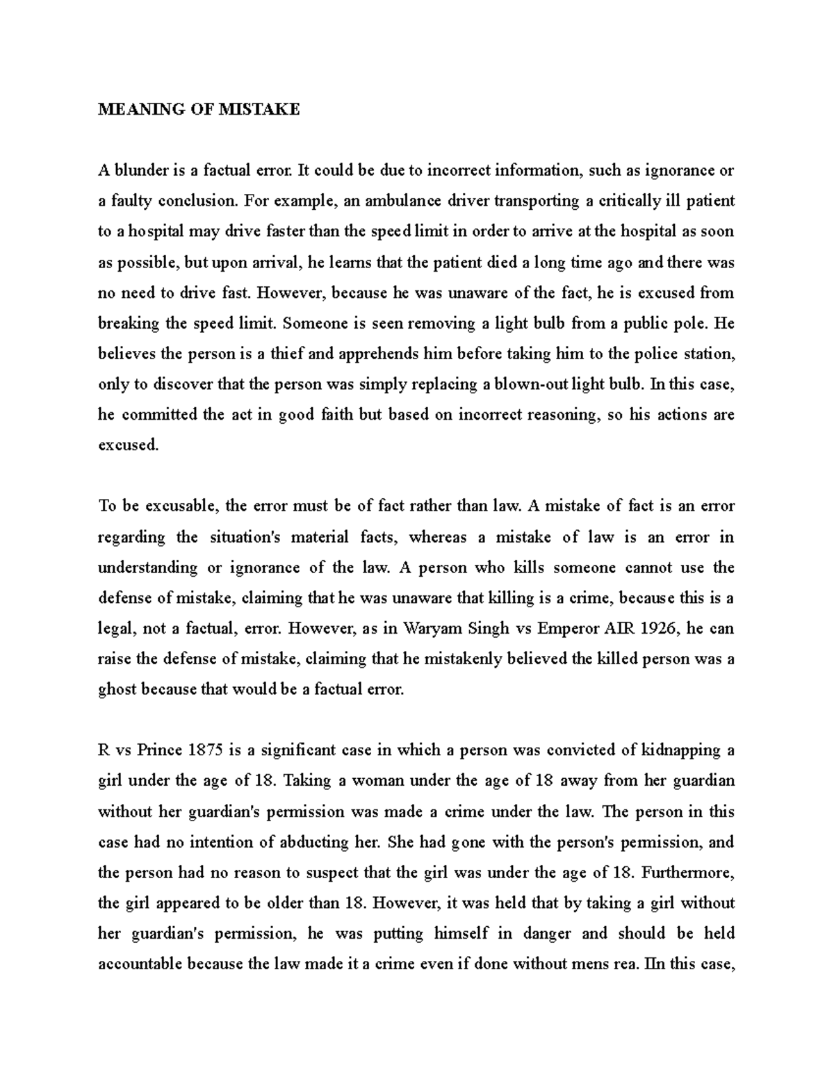 Meaning OF Mistake - Lecture notes 3 - MEANING OF MISTAKE A blunder is ...