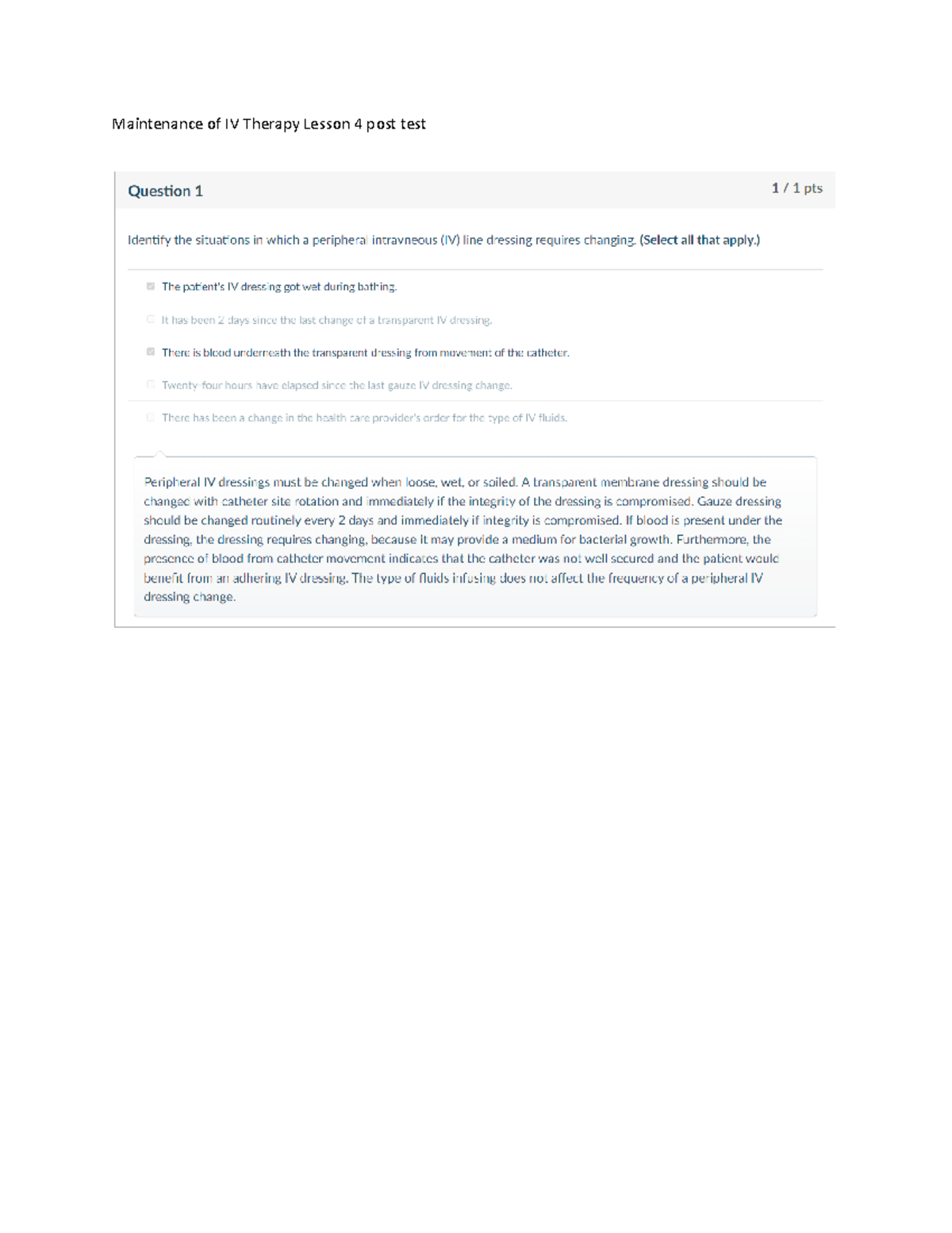 Maintenance of IV Therapy Lesson 4 post test - BSN 266 - Studocu