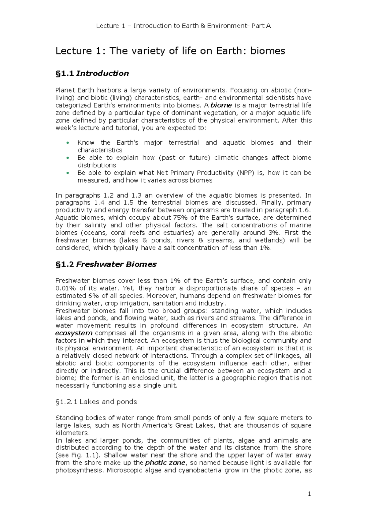 Lecture notes 1 Biomes - College-aantekeningen 1 - Lecture 1: The ...
