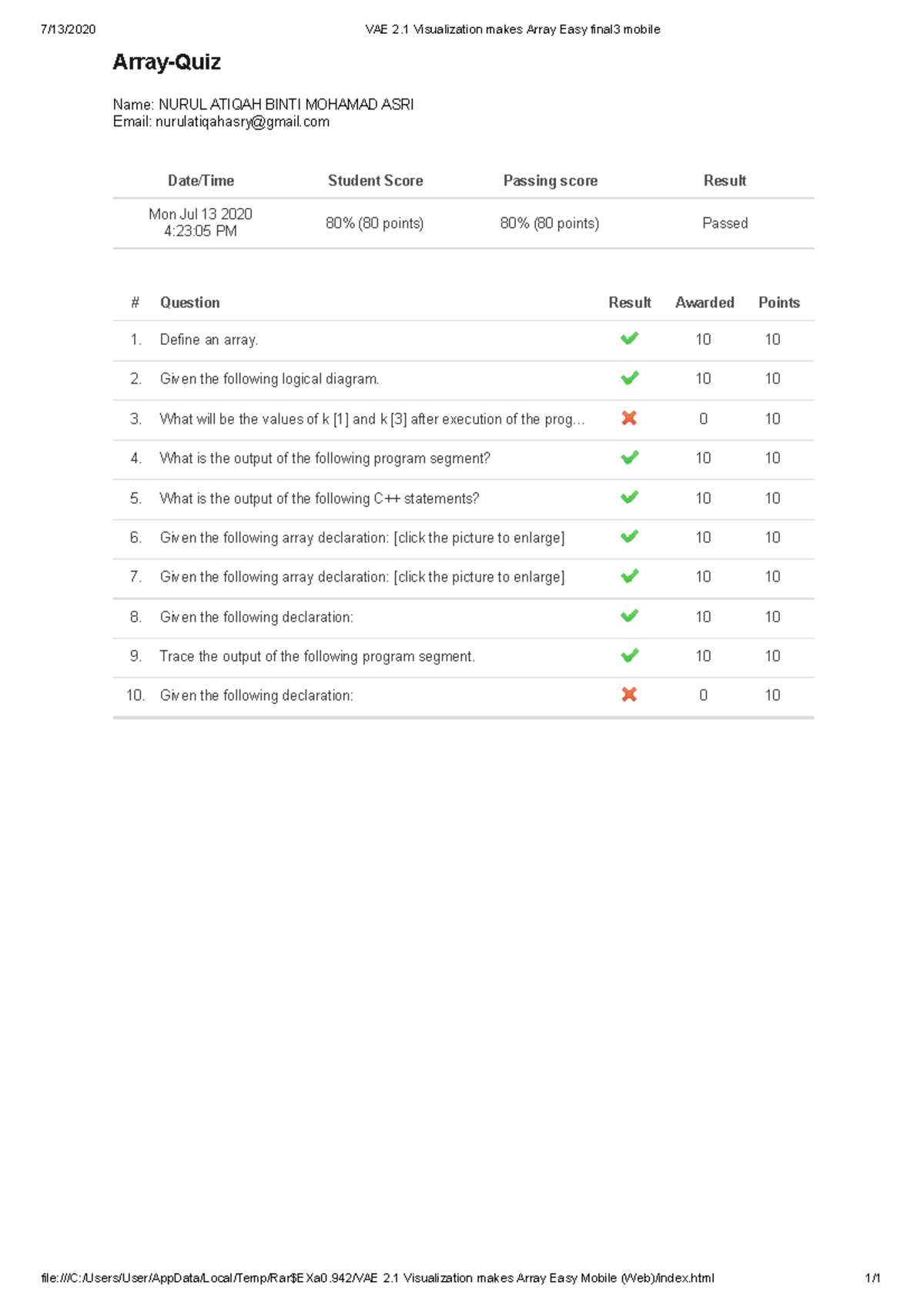 Array Quiz 1 Tutorial Csc126 7 13 2020 Vae 2 Visualization Makes Array Easy Final3 Mobile