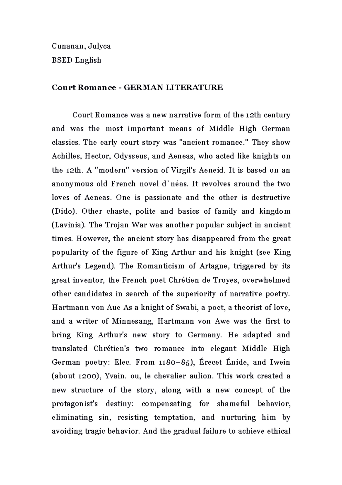 Court Romance - German Literature- LECTURE - Cunanan, Julyca BSED ...