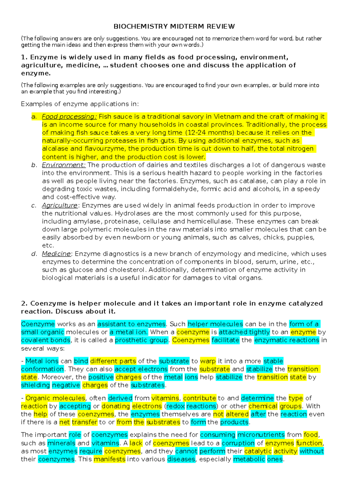 Biochemistry- Midterm- Review - BIOCHEMISTRY MIDTERM REVIEW (The ...