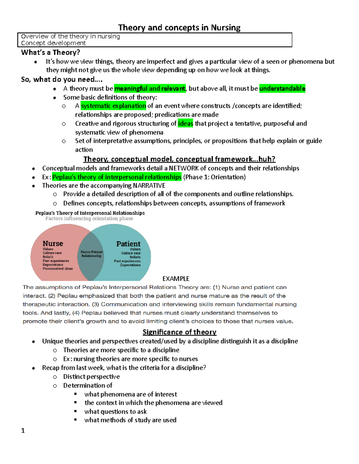 Lec 2 Note - Lecture - Theory and concepts in Nursing Overview of the ...