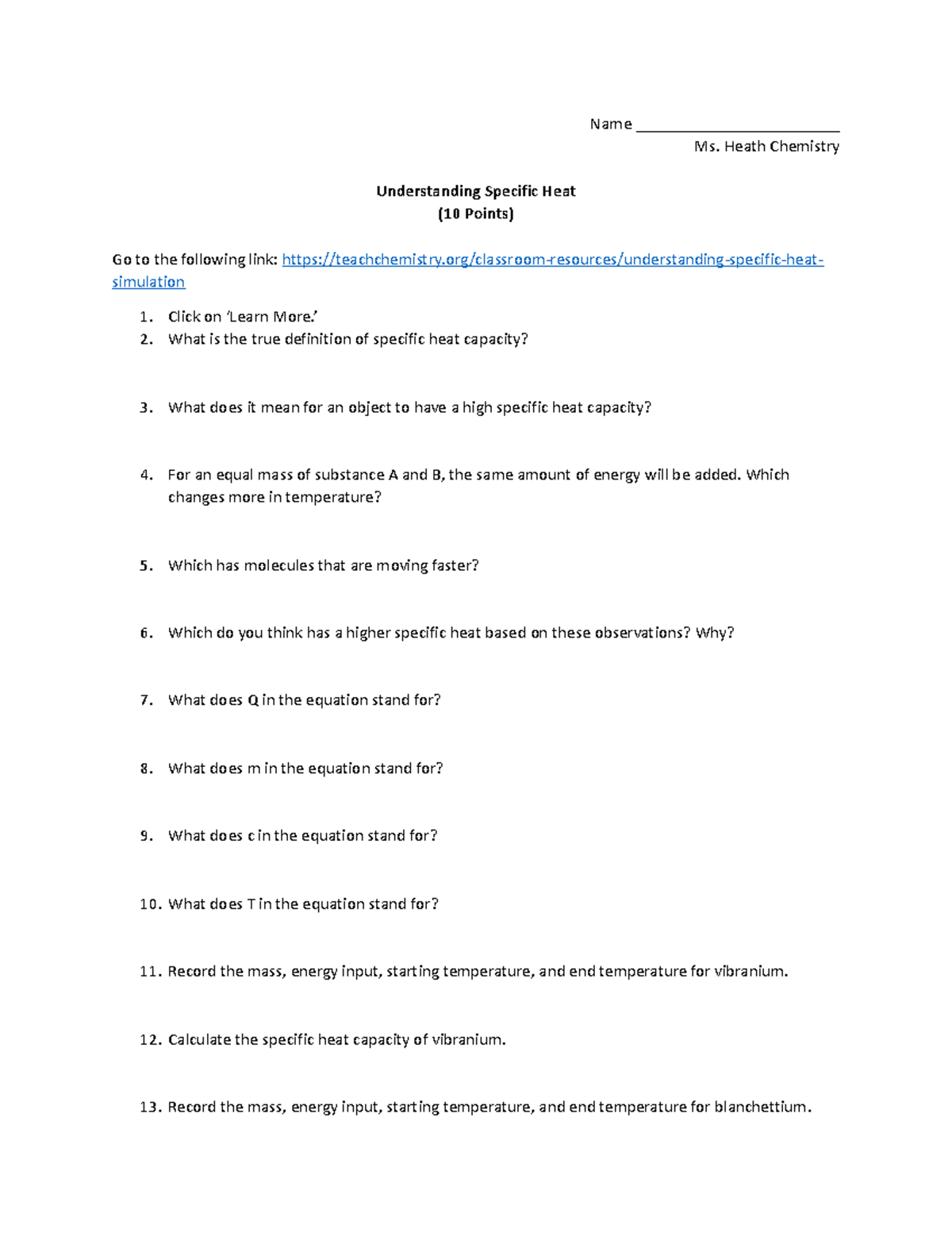 Understanding Specific Heat - Name ________________________Ms. Heath ...