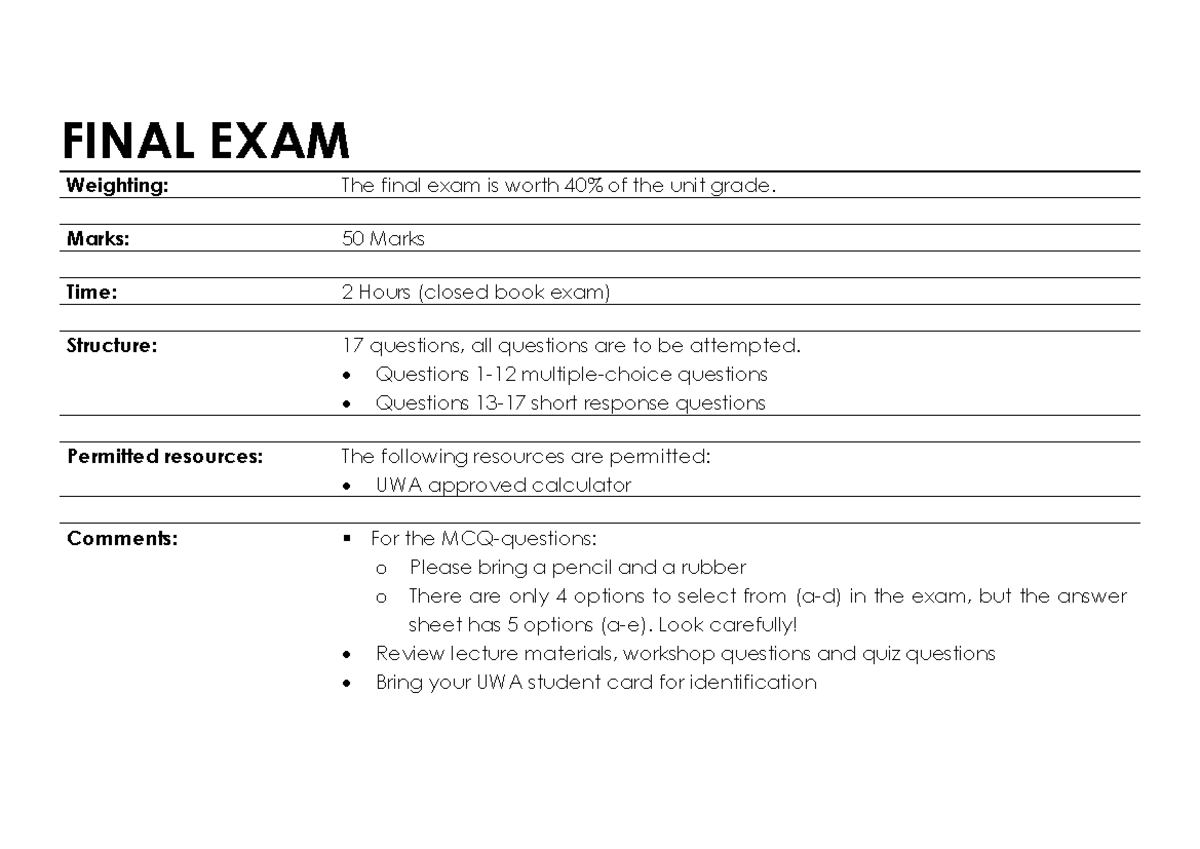 ACCT2242 Exam revision - FINAL EXAM The final exam is worth 40% of the ...