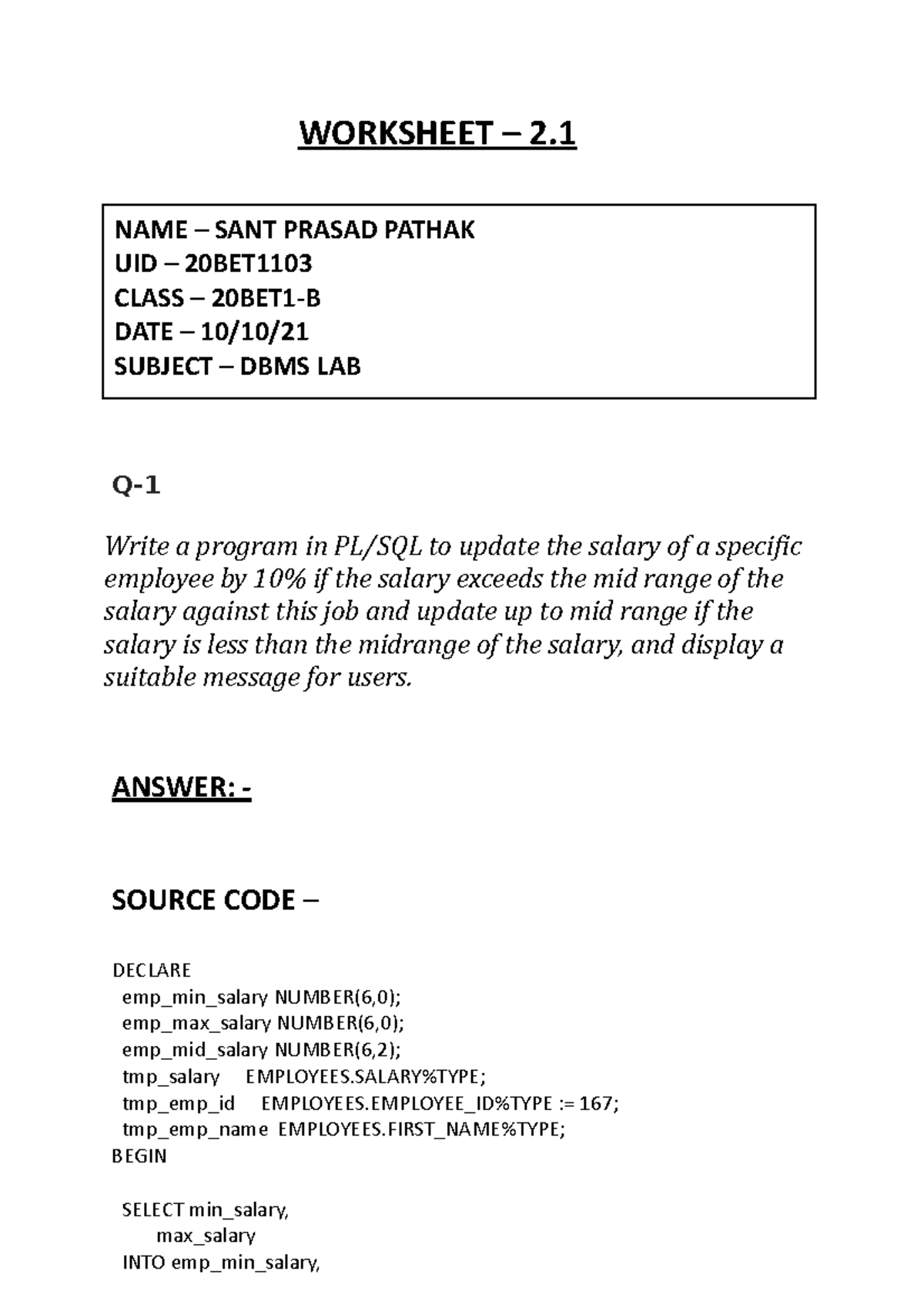 20BET1103 DBMS Worksheet- WORKSHEET – 2. Q- Write a program in PL/SQL ...