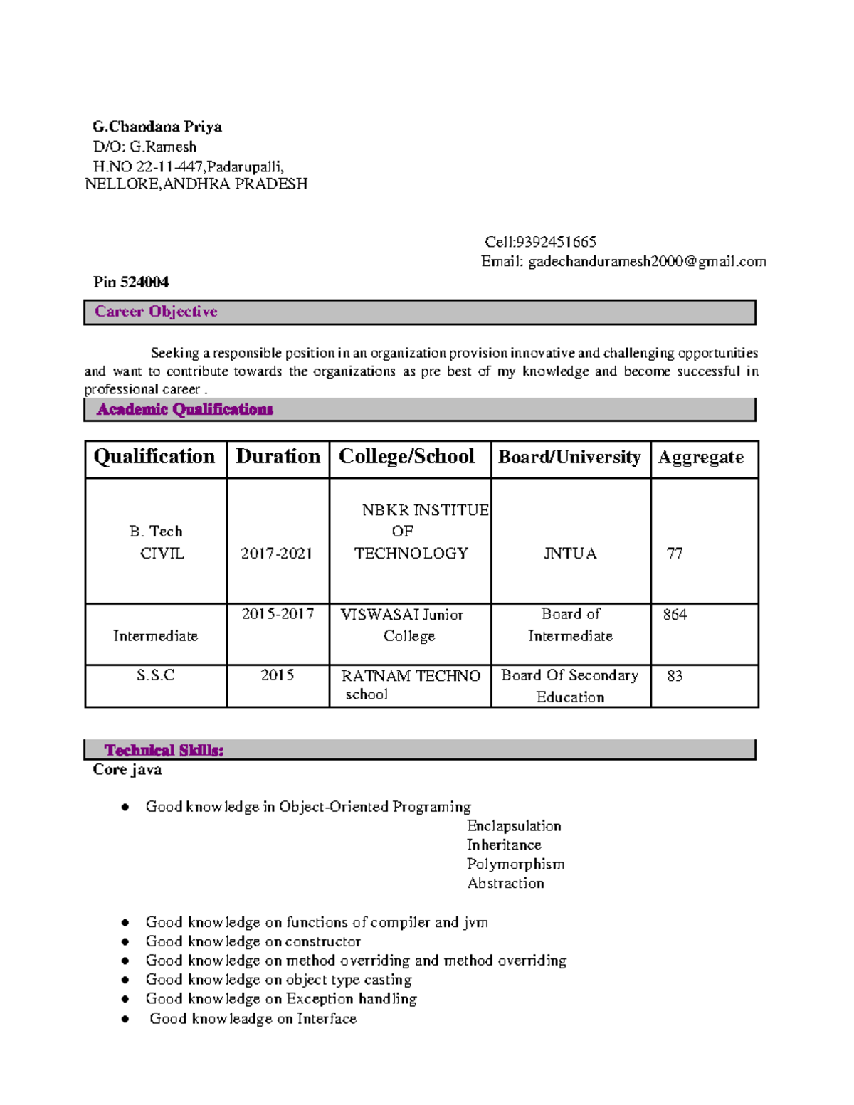 C1111 Resume (1) - klmll. - Career Objective Seeking a responsible ...