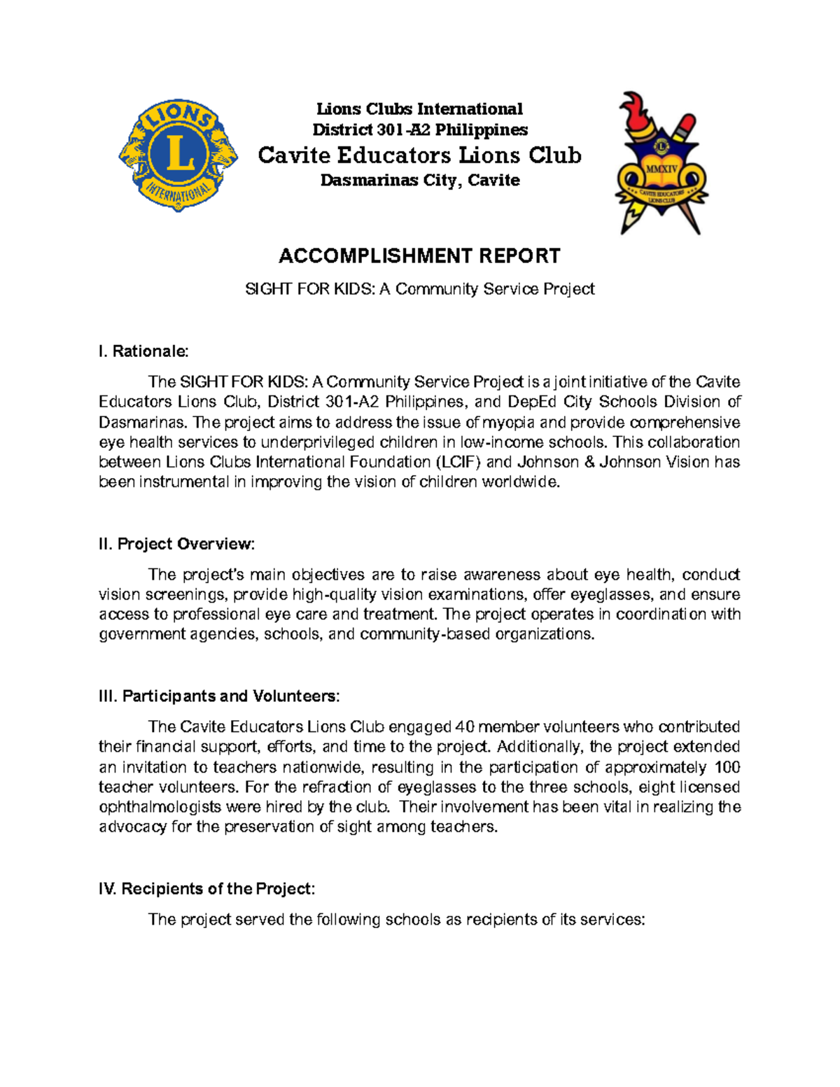 Revised 2 years accompliehment report Cavite Educators Lions Club ...