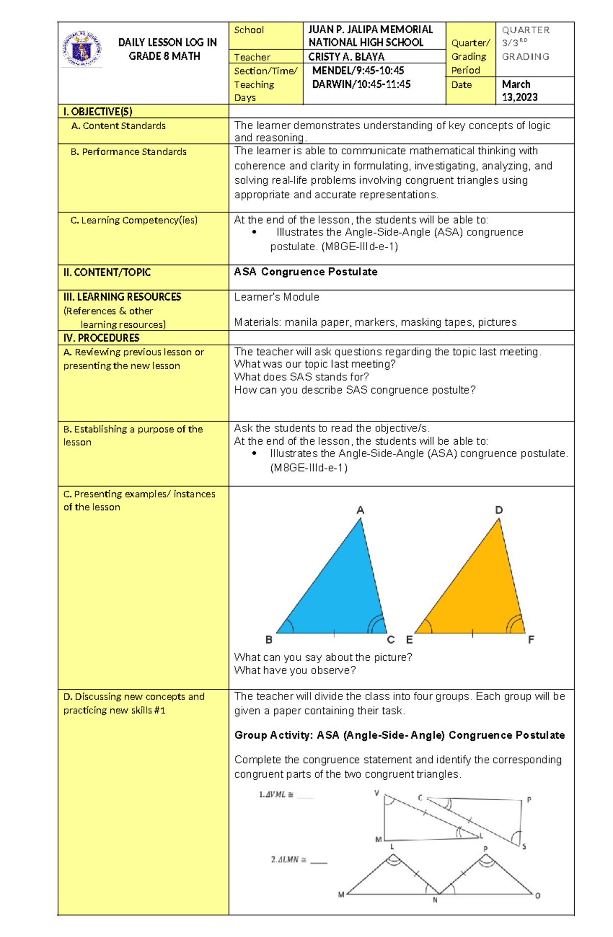 LP-8-Mar - DAILY LESSON LOG IN GRADE 8 MATH School JUAN P. JALIPA ...