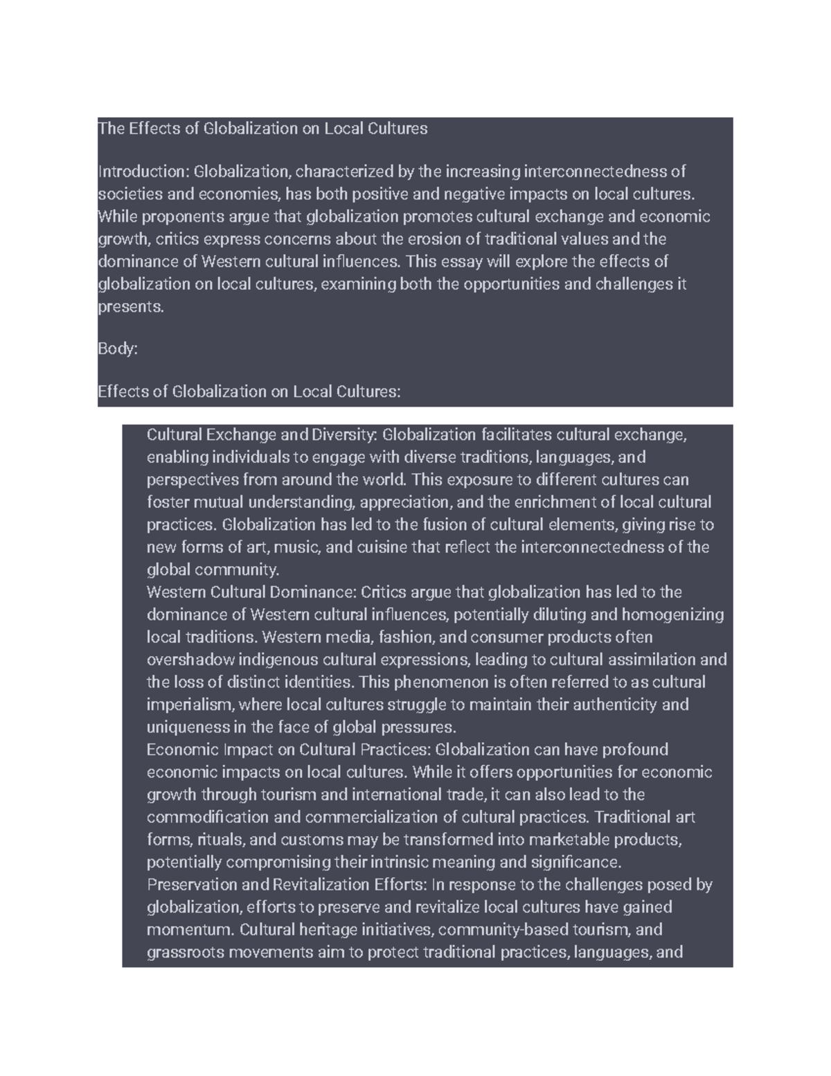 The Effects of Globalization on Local Cultures - The Effects of ...