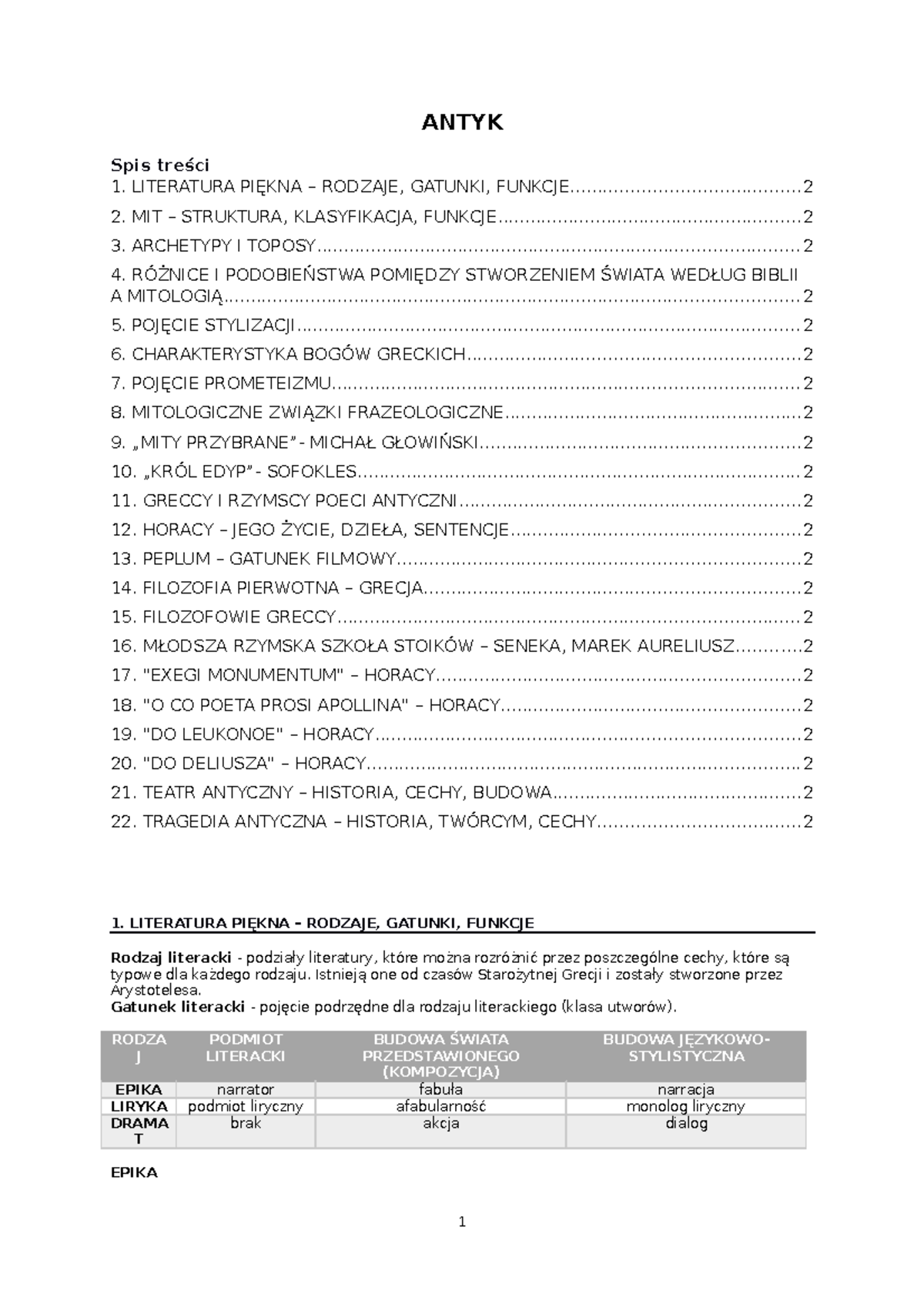 Antyk - 1 Klasa - JĘZYK Polski - ANTYK Spis treści 1. LITERATURA PIĘKNA ...