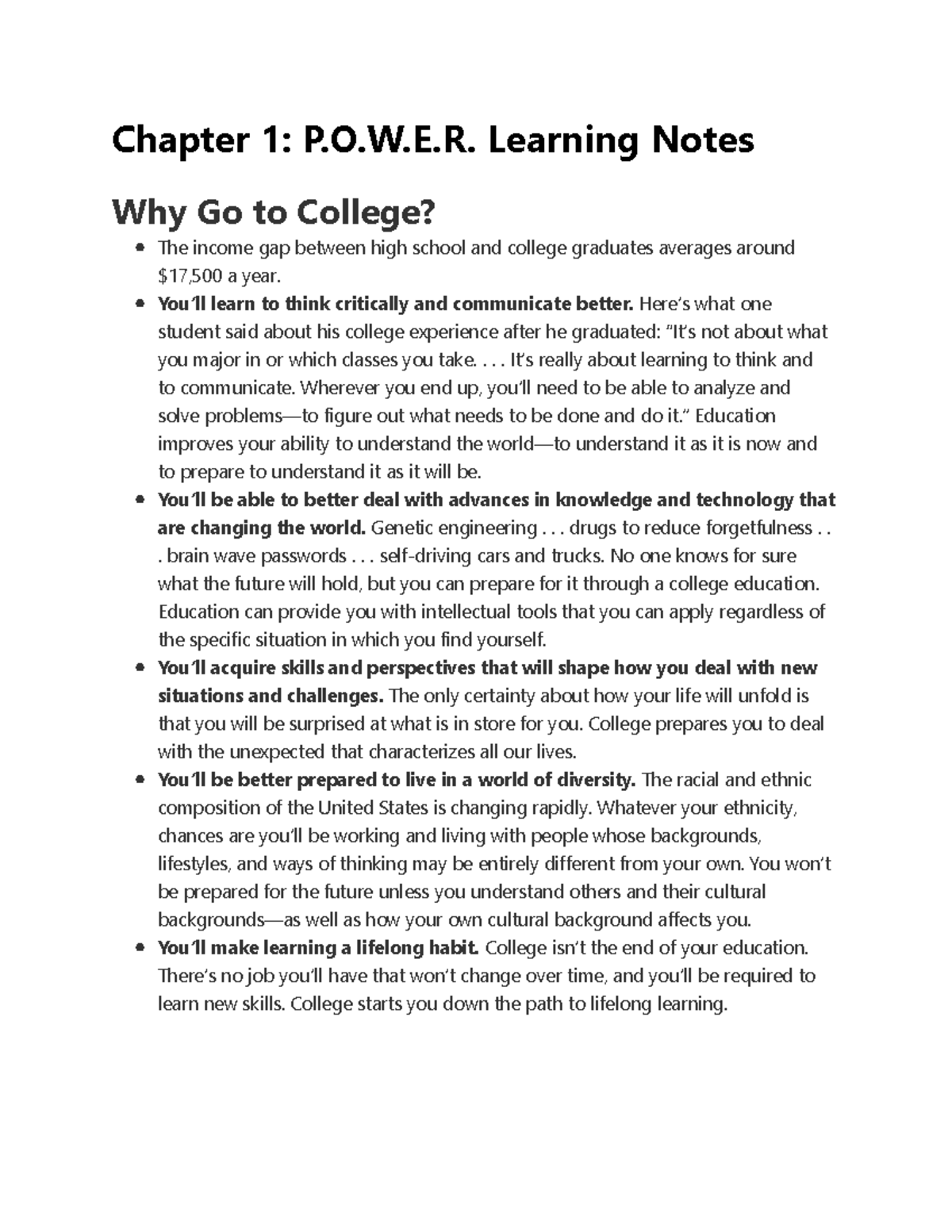 Chapter 1 Power Learning Notes Chapter 1 Powe Learning Notes Why Go To College The 