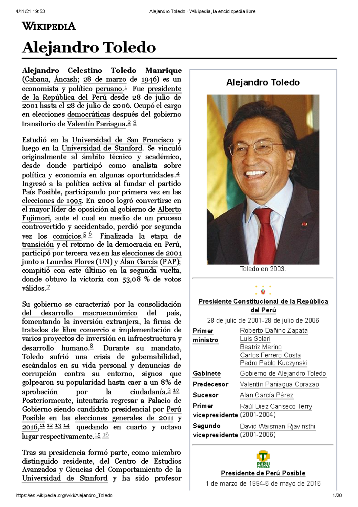 Alejandro Toledo Manrrique Gobierno Del Peru Alejandro Toledo Toledo