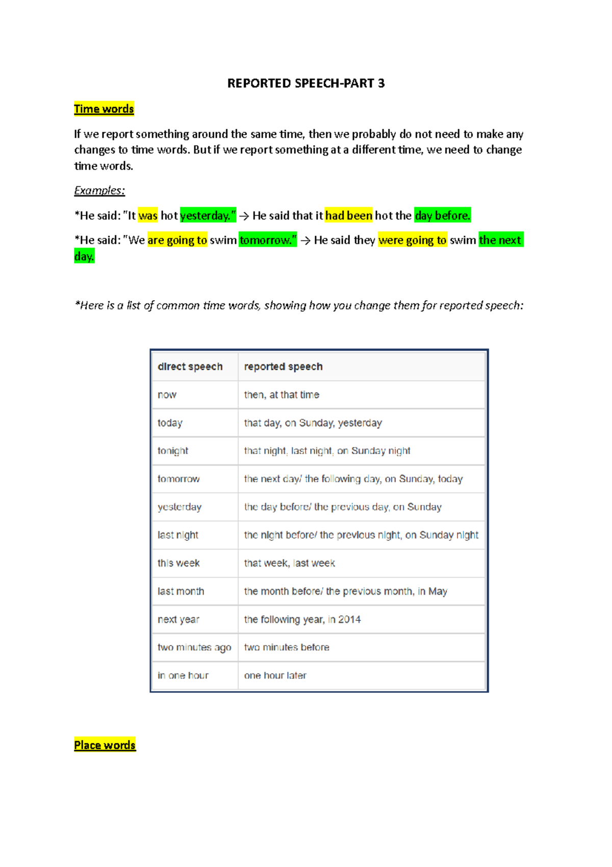 Reported Speech-PART 3 - REPORTED SPEECH-PART 3 Time words If we report ...