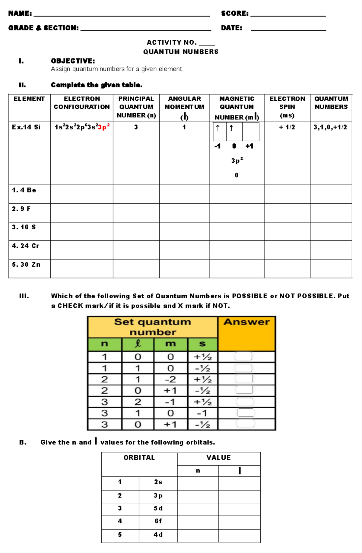 Activity 7 Quantum Numbers - NAME