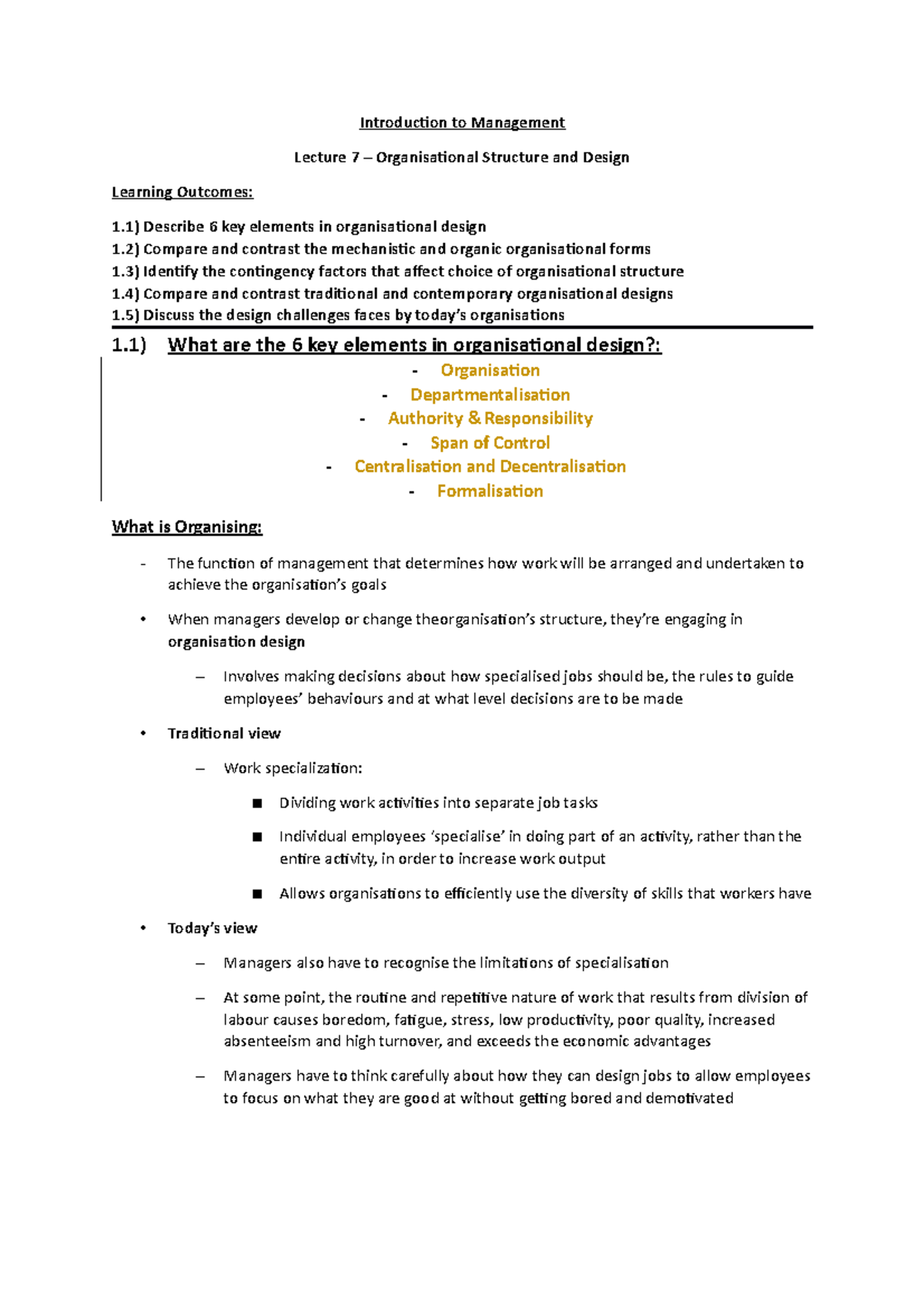 Introduction to Management - LEC 7 (Organisational Structure and Design ...