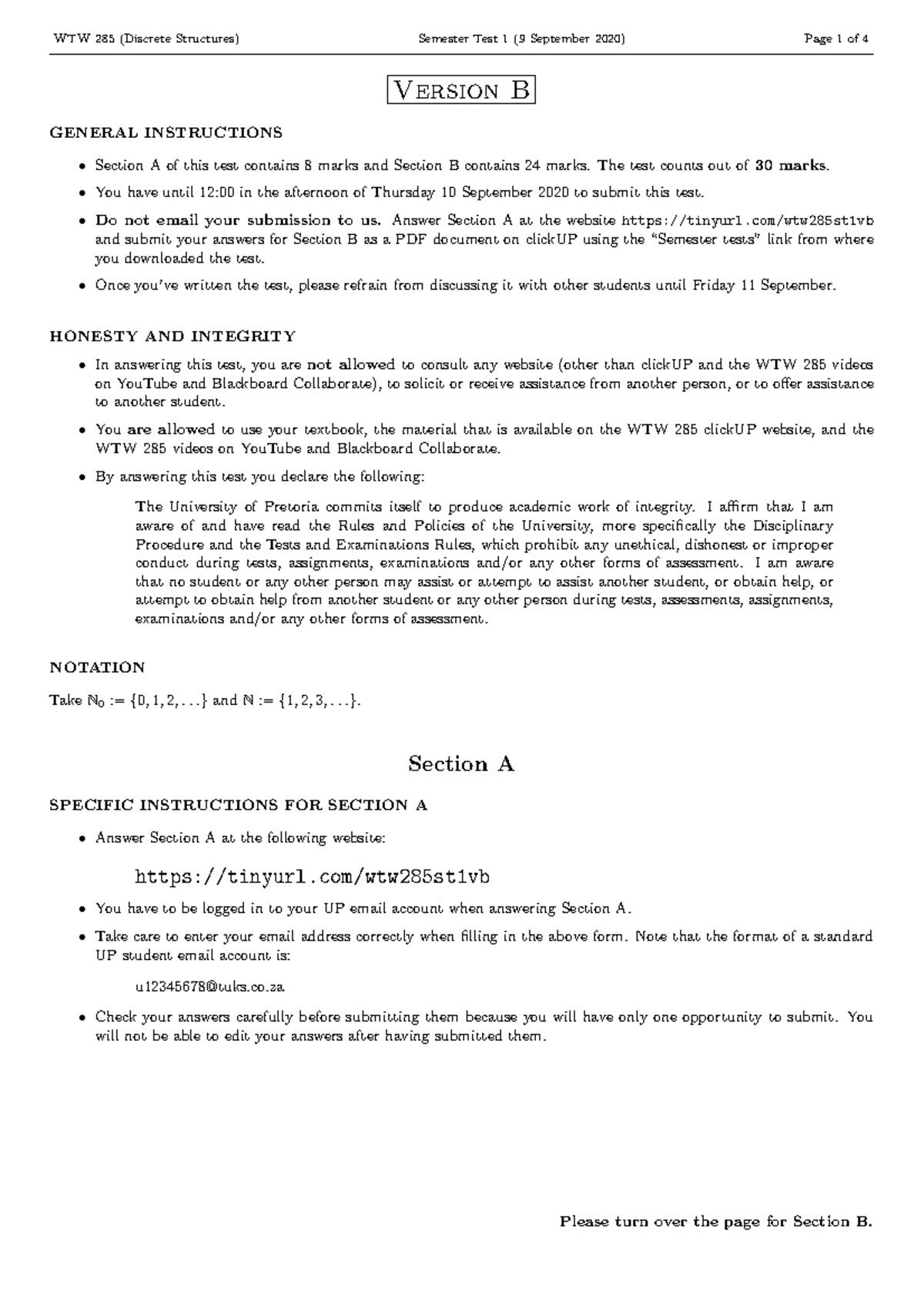 WTW 285 Semester Test 1 Version B (2020) - Version B GENERAL ...