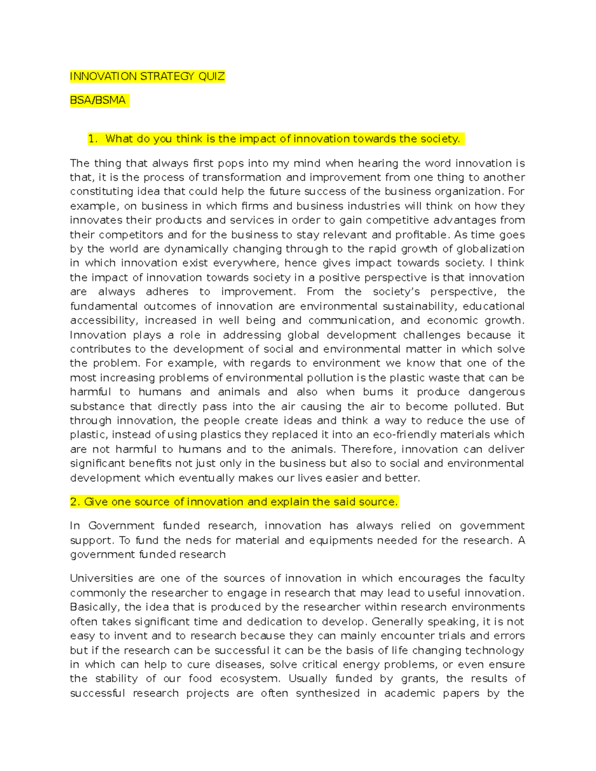 Innovation and Strategy Formulation.- essay - INNOVATION STRATEGY QUIZ ...