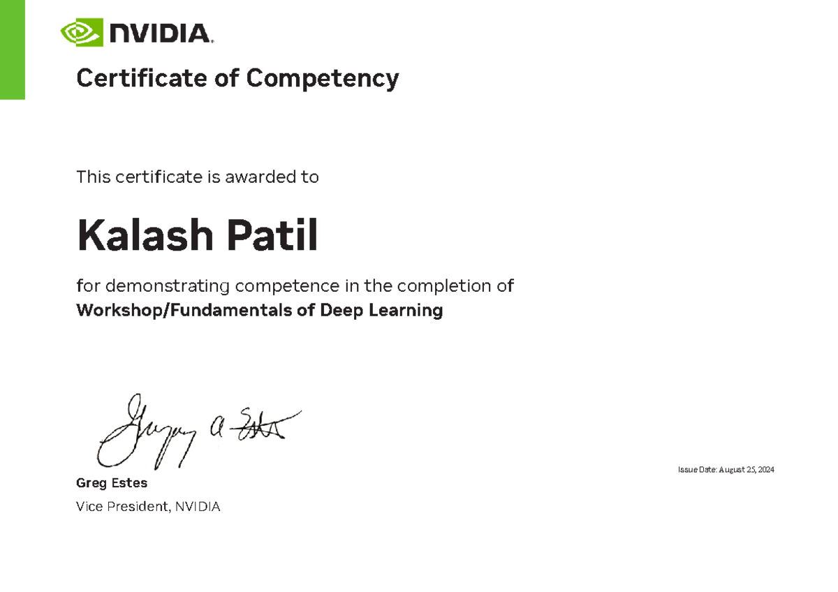 Certificate Nvidia Kalash patil - Cloud Computing - Certificate of Competency Issue Date: August ...