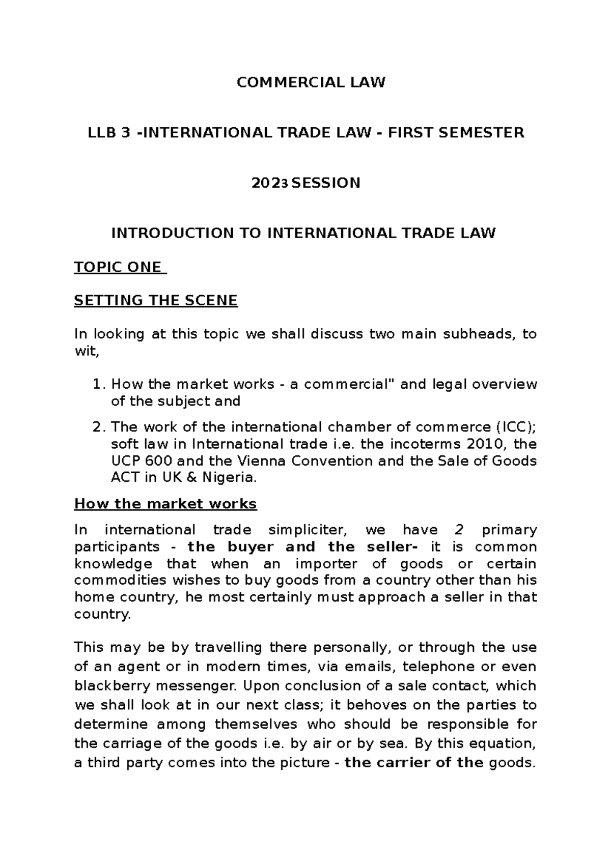 Commercial law Elijah briggs - COMMERCIAL LAW LLB 3 -INTERNATIONAL ...