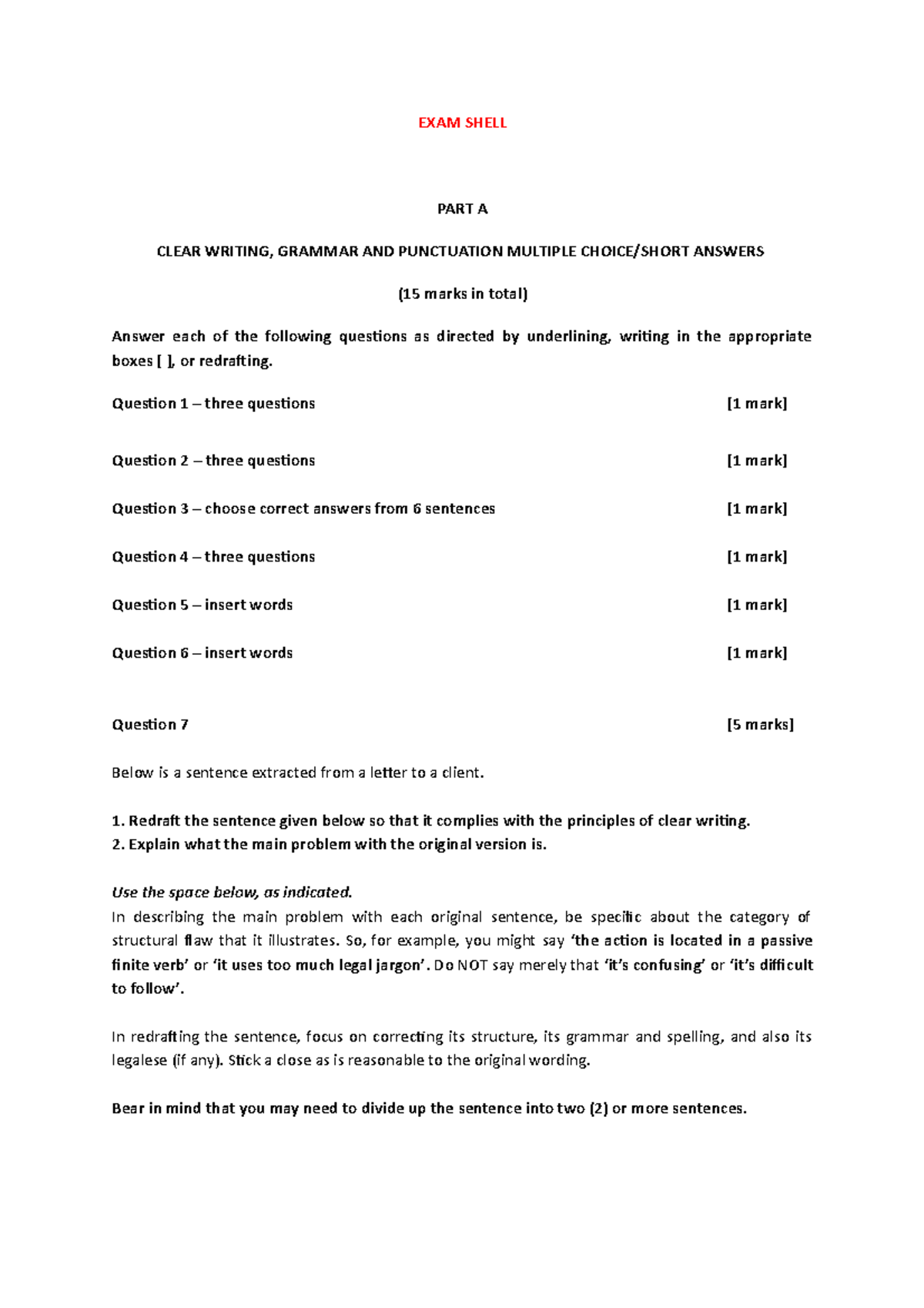 Exam Shell/Outline - EXAM SHELL PART A CLEAR WRITING, GRAMMAR AND ...