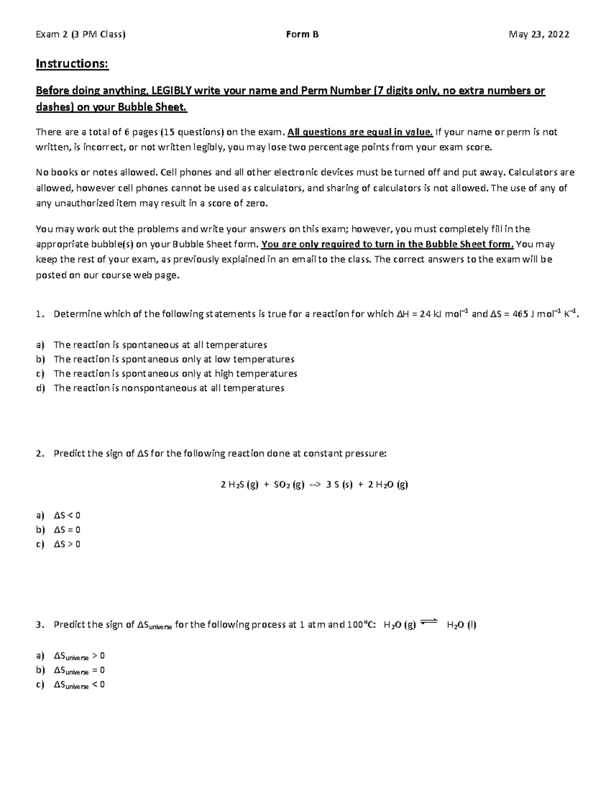 S22 Chem 1B 3PM Exam 2 Form B blank with answers at end - Exam 2 (3 PM ...