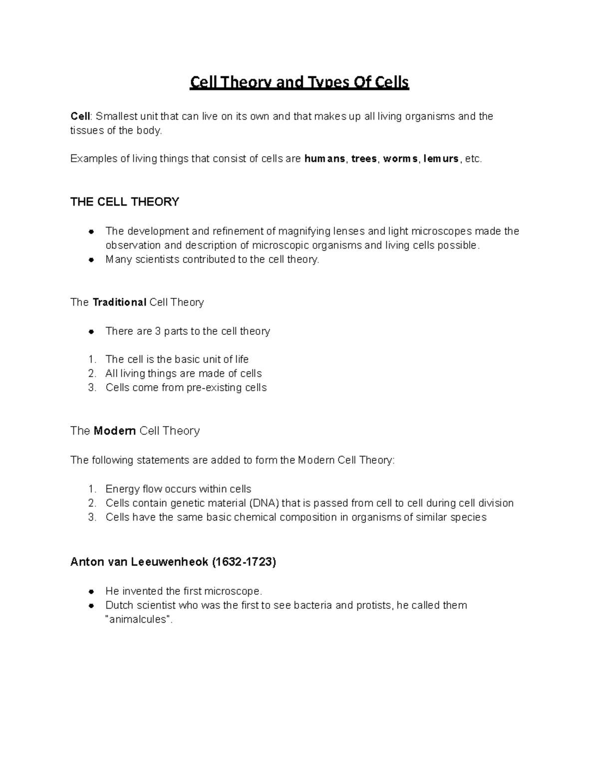 Cell Theory and Types Of Cells Notes - Cell Theory and Types Of Cells ...