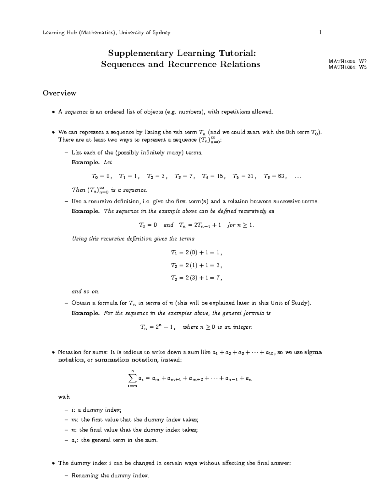 Sequences recurrencerelations - Learning Hub (Mathematics), University of Sydney 1 Supplementary ...