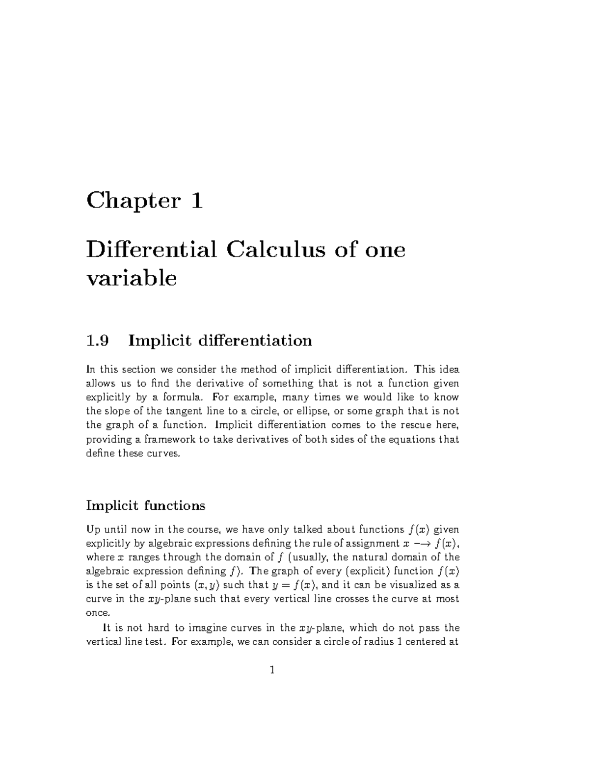 Section 1-9-1 Implicit differentiation - Chapter 1 Differential Calculus of one variable 1 ...