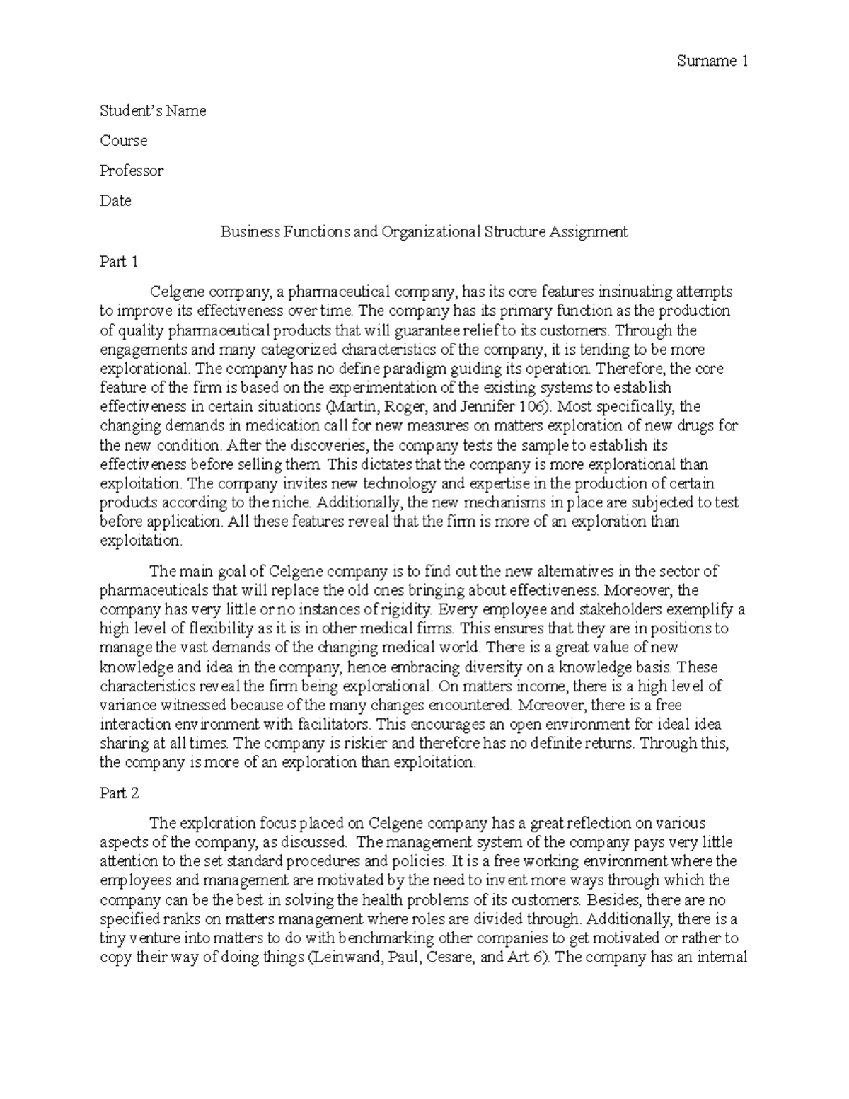 Business Functions And Organizational Structure Assignment - Surname 1 ...