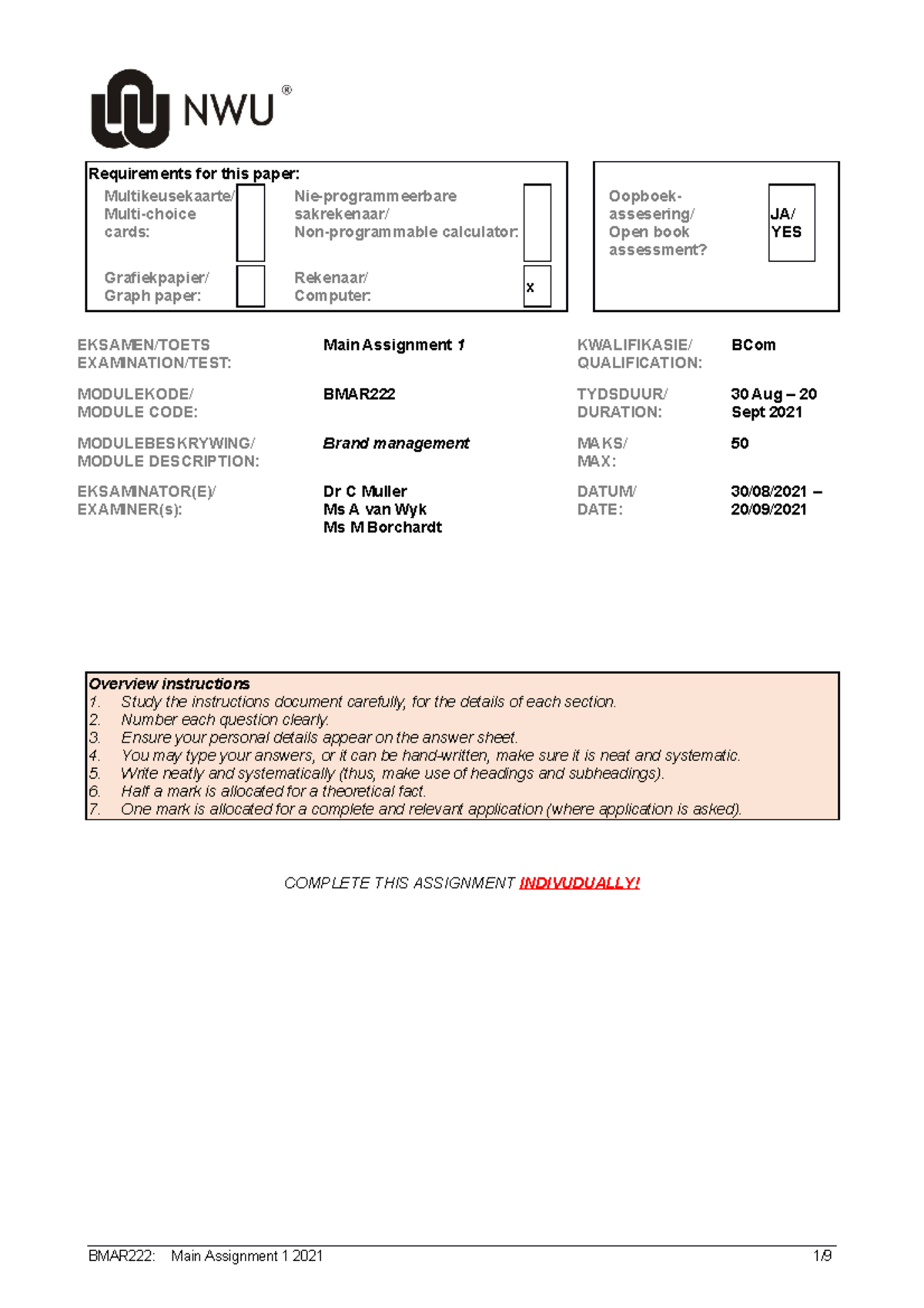 BMAR222 Individual Main assignment 1 SU1-5 ENG 2021 - Requirements for ...