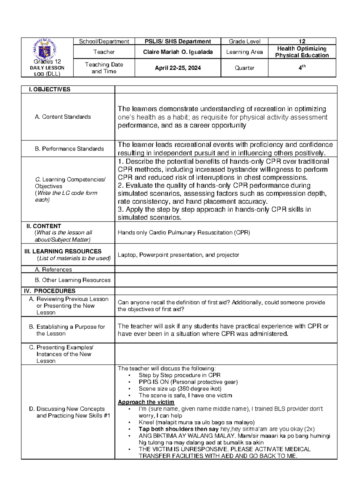 Lesson plan CPR - Grades 12 DAILY LESSON LOG (DLL) School/Department ...