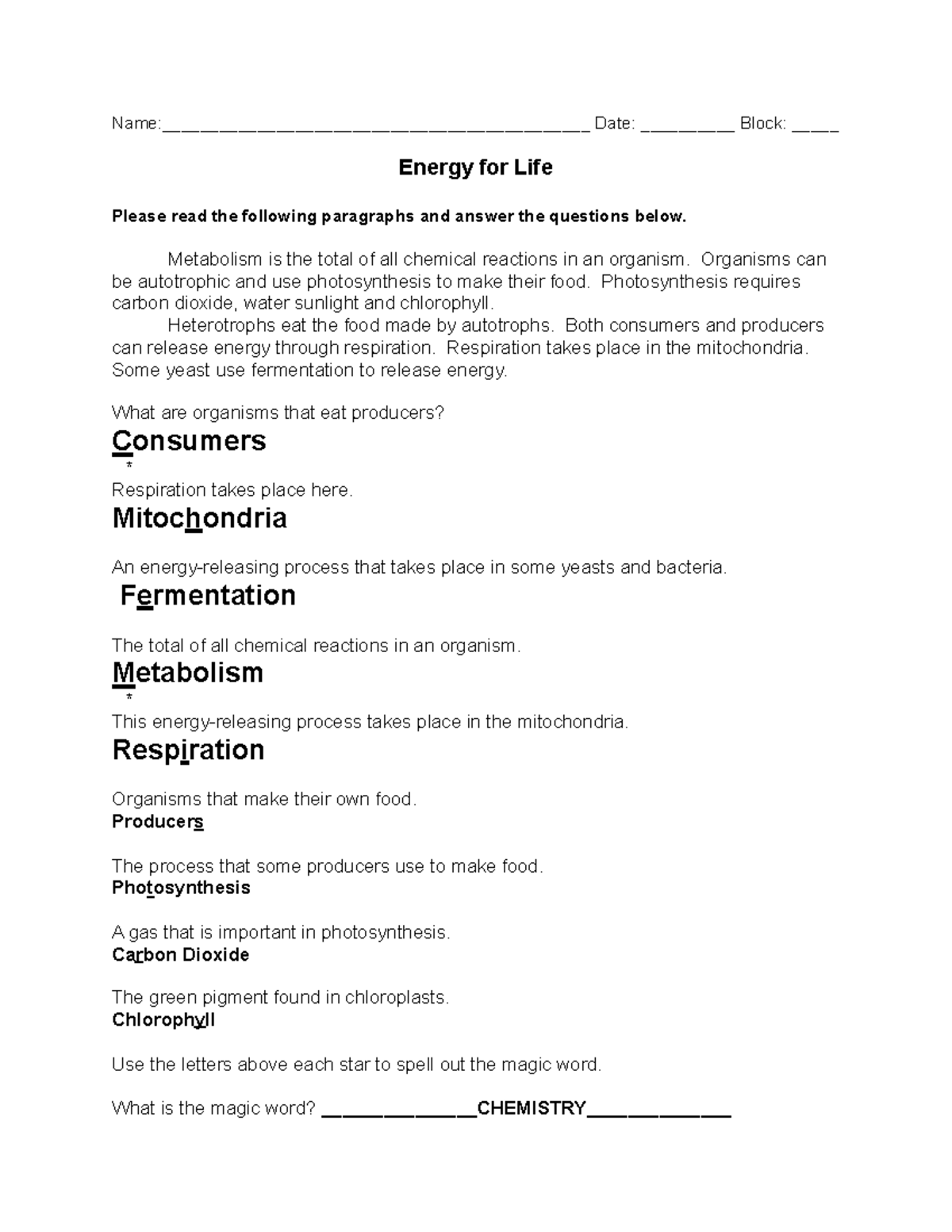 Answer Key photosynthesis - Name ...