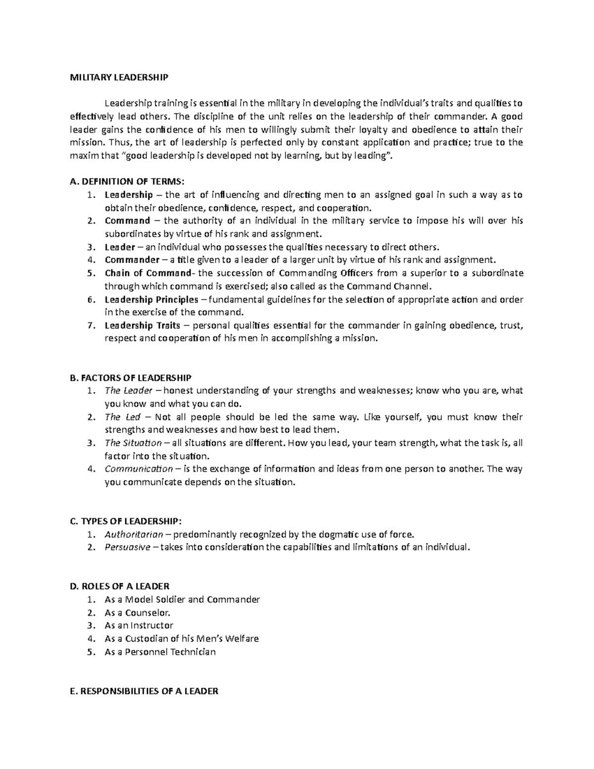 Lesson in ROTC Military Leadership Lesson - MILITARY LEADERSHIP ...