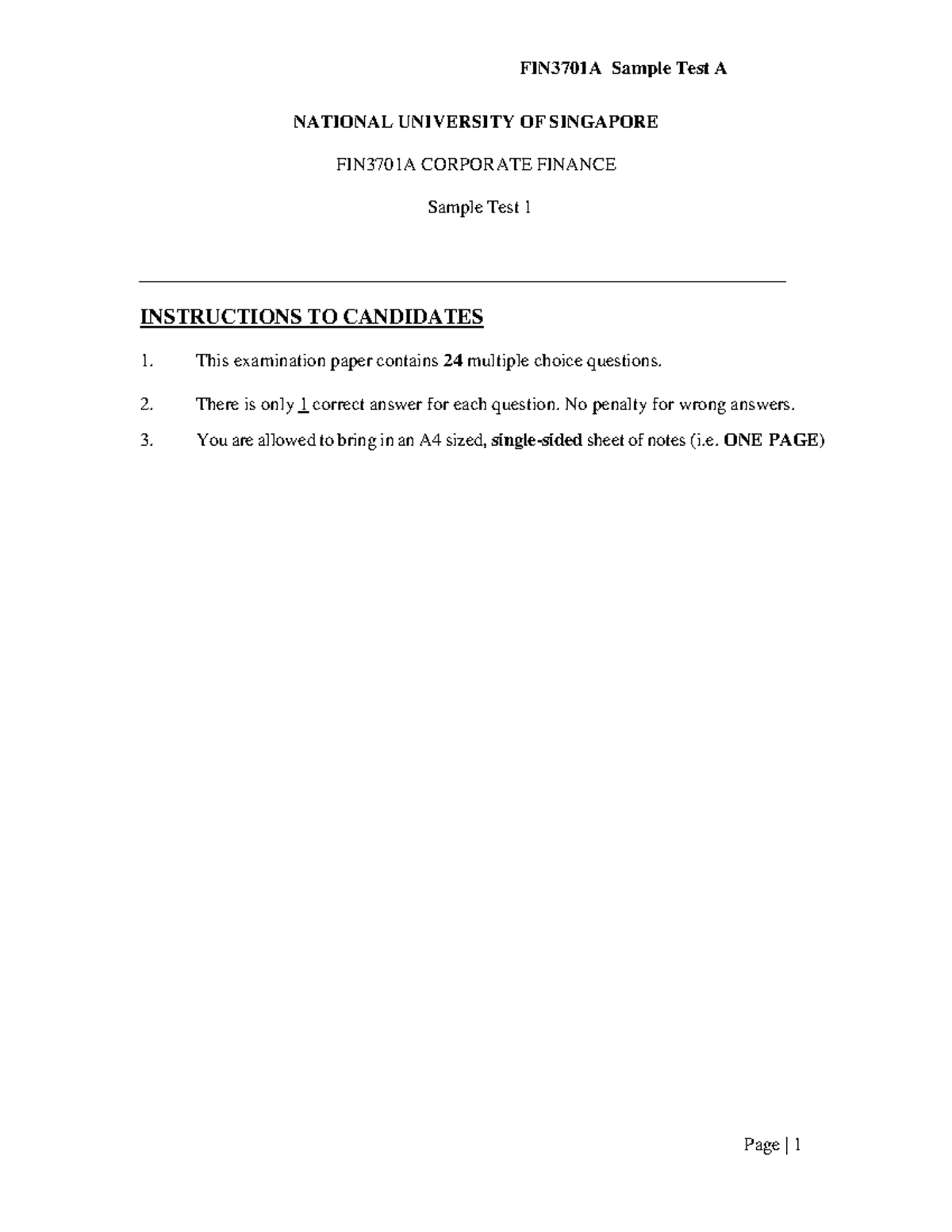 Sample Test 1A - NATIONAL UNIVERSITY OF SINGAPORE FIN3 7 01A CORPORATE ...