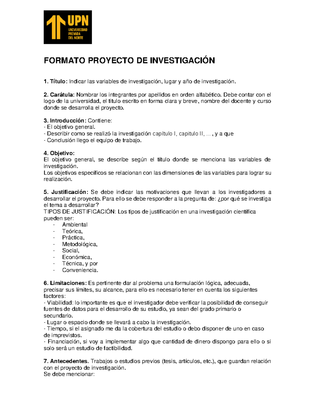 Formato Proyecto Investigacion UPN - FORMATO PROYECTO DE INVESTIGACIÓN Título: Indicar las ...